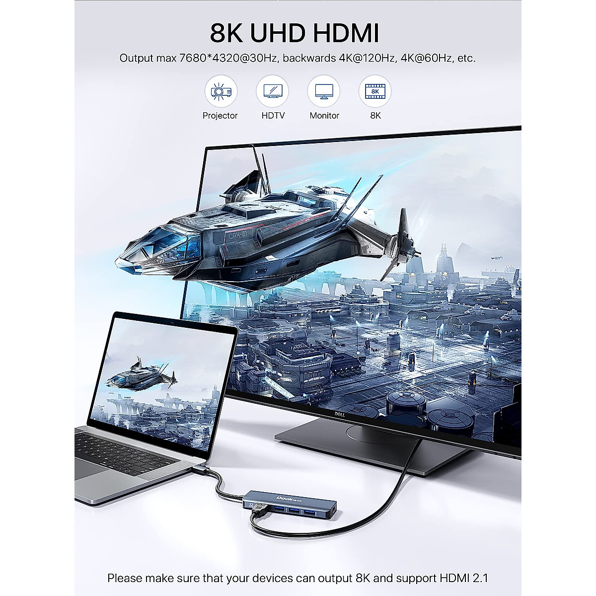 8K HDMI USB C HUB, 5-in-1 USB-C Multiport Adapter, Dockteck USB Dock Dongle with 8K 30Hz/4K 120Hz/4K 60Hz HDMI, 100W PD, 3 x USB 3.0 for Steam Deck, MacBook Pro/Air M1, iPad Pro/Air, Surface Pro 7/8/X