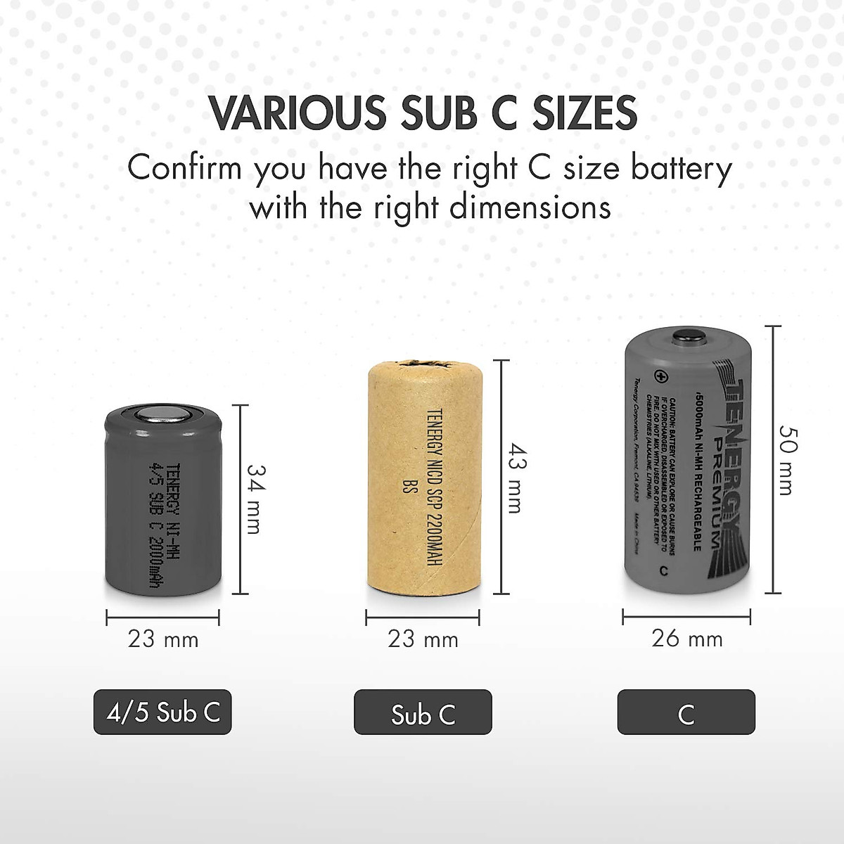 Tenergy NiCd SubC 2200mAh Paper Wrapped Rechargeable Battery Flat Top - 15 Pack