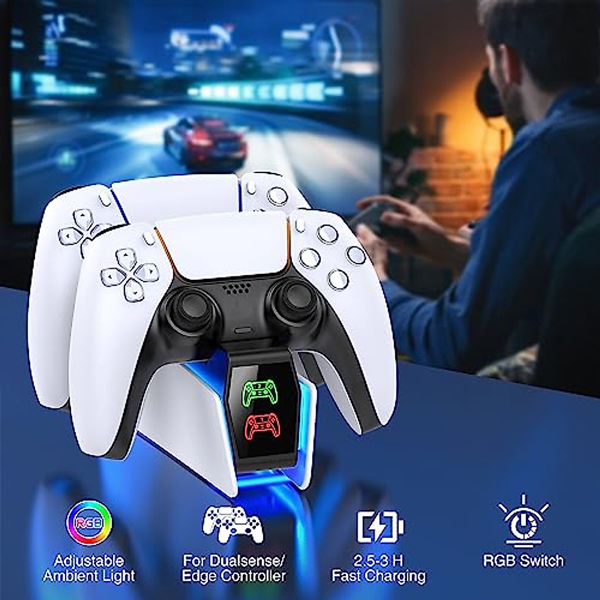 PS5 Controller Charger Station for Playstation 5 Dualsense Controllers with LED Light UP Dual Stand Charger Dock, PS5 Controller Charging Station Accessories for DualSense Edge Charging