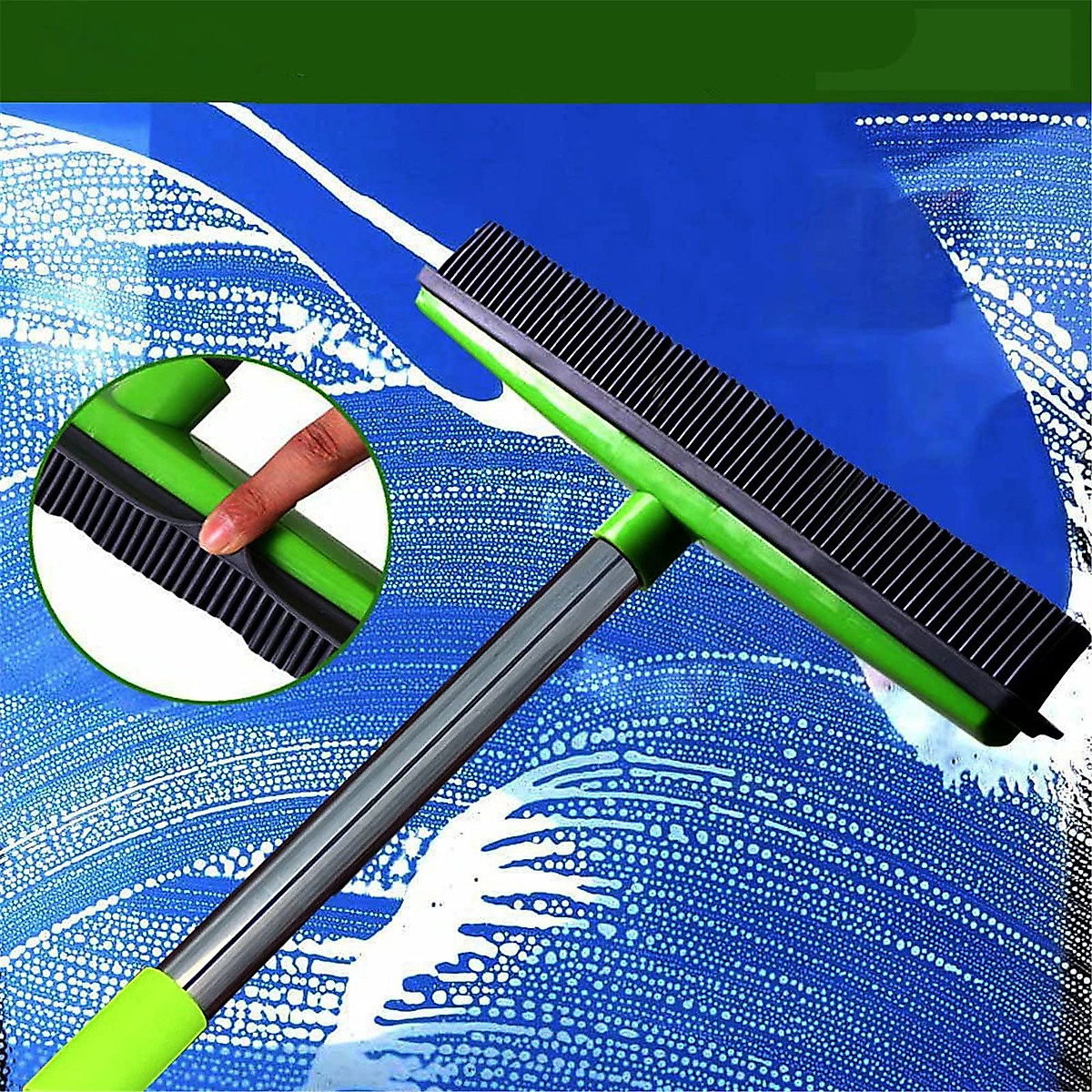 Carpet Hair Removal Broom with Squeegee, Rubber Floor Broom Carpet Rake, Adjustable Long Handle 49" Length for Pet Cat Dog Hair Carpet Hardwood Tile Windows Clean Water Resistant