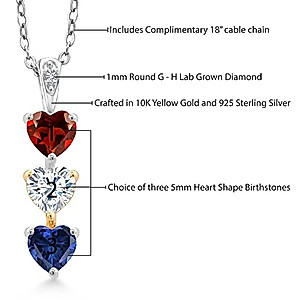Gem Stone King 925 Sterling Silver and 10K Yellow Gold 2 Tone Personalized Keren Hanan 3-Stone Heart Shape Birthstones and Lab Diamond Pendant Necklace For Women with 18 Inch Chain