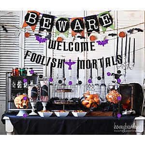 Welcome Foolish Mortals Halloween Banner for Halloween Haunted Mansion Decorations, Welcome Foolish Mortals Doormat Sign, Halloween Haunted Mansion Banner with Bat for Halloween Mantel Fireplace