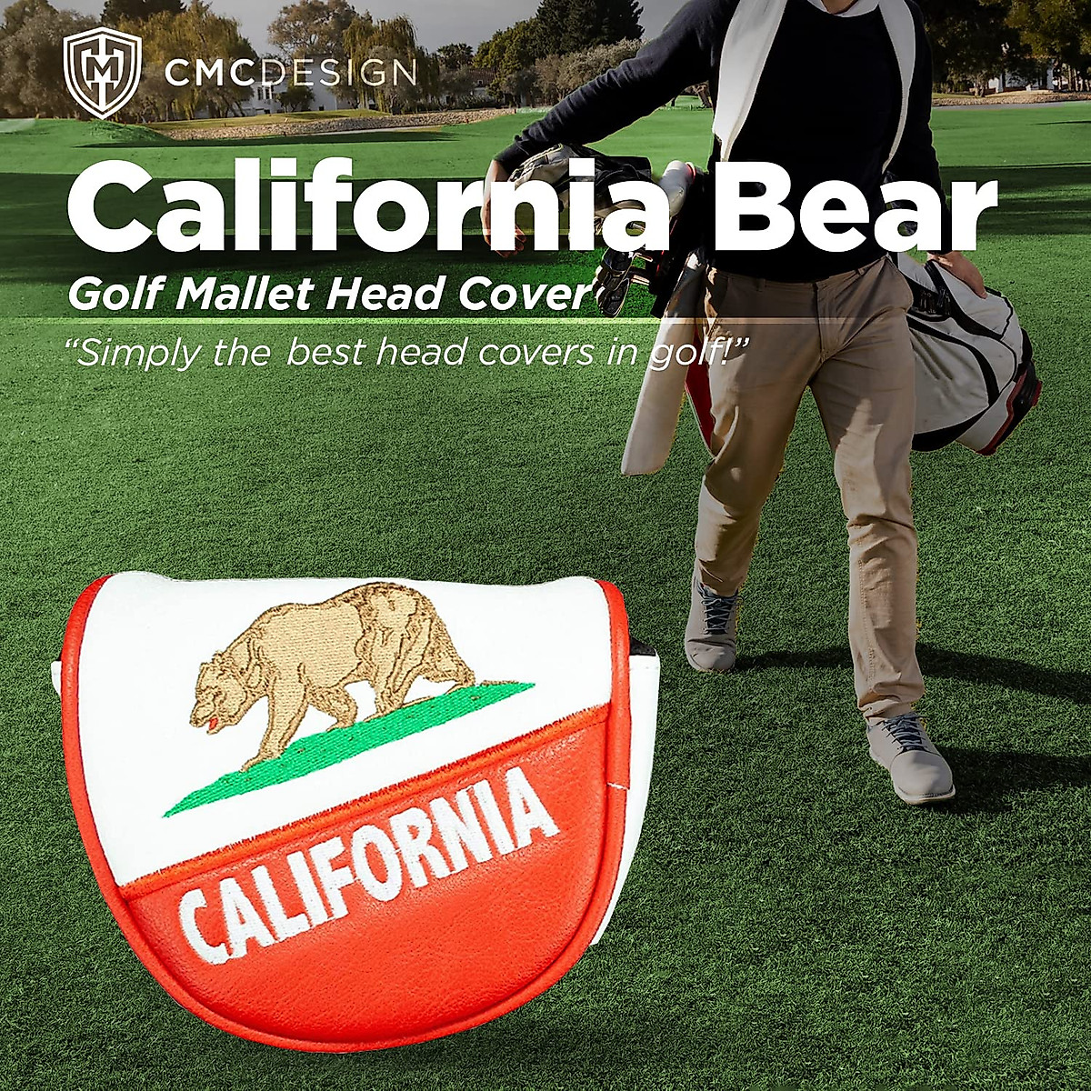 CMC Design Golf Mallet Head Cover - Custom California Bear Embroidered Golf Driver - Premium Faux Leather, Beautiful Design Elements & Soft Protective Lining – Great Fit for Any Mallet & Golfer