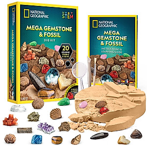 NATIONAL GEOGRAPHIC Mega Fossil and Gemstone Dig Kit - Excavate 20 Real Fossils and Gems, Science Kit for Kids, Rock Digging Excavation Kit, Geology Gifts for Boys and Girls (Amazon Exclusive)