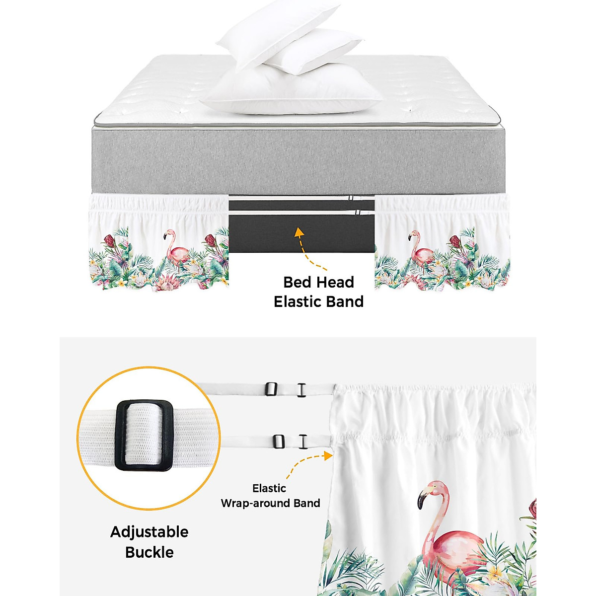 Palm Tree Leaf Flamingos Bed Skirt Queen Size 16 Inch Drop,Adjustable Elastic Wrap Around Bed Skirts Pleated Luxury Dust Ruffles For Twin Full Queen Cal King Bed,Animal Bird Summer Fall Tropical Plant