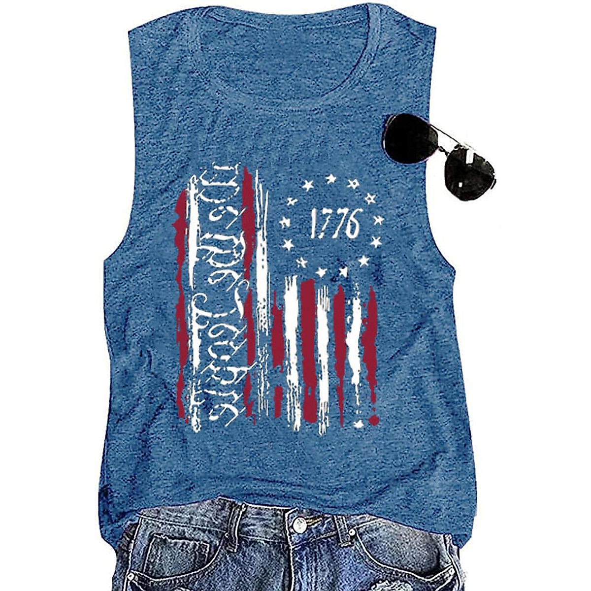 Women's American Flag Shirt 4th of July Printed 1776 Patriotic Tank Tops Patriotic Stars Stripes Sleeveless Loose Tee Tops,Ink Blue L