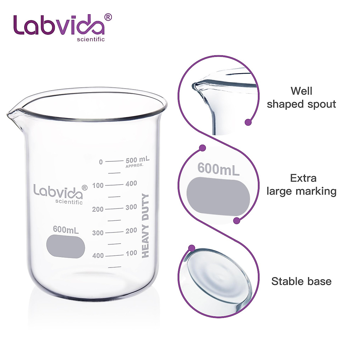 Labvida 6pcs 600ml Upgrated Thick Glass Beakers, Griffin Low Form Beaker Set with Double Scale, 3.3 Boro, LVA030