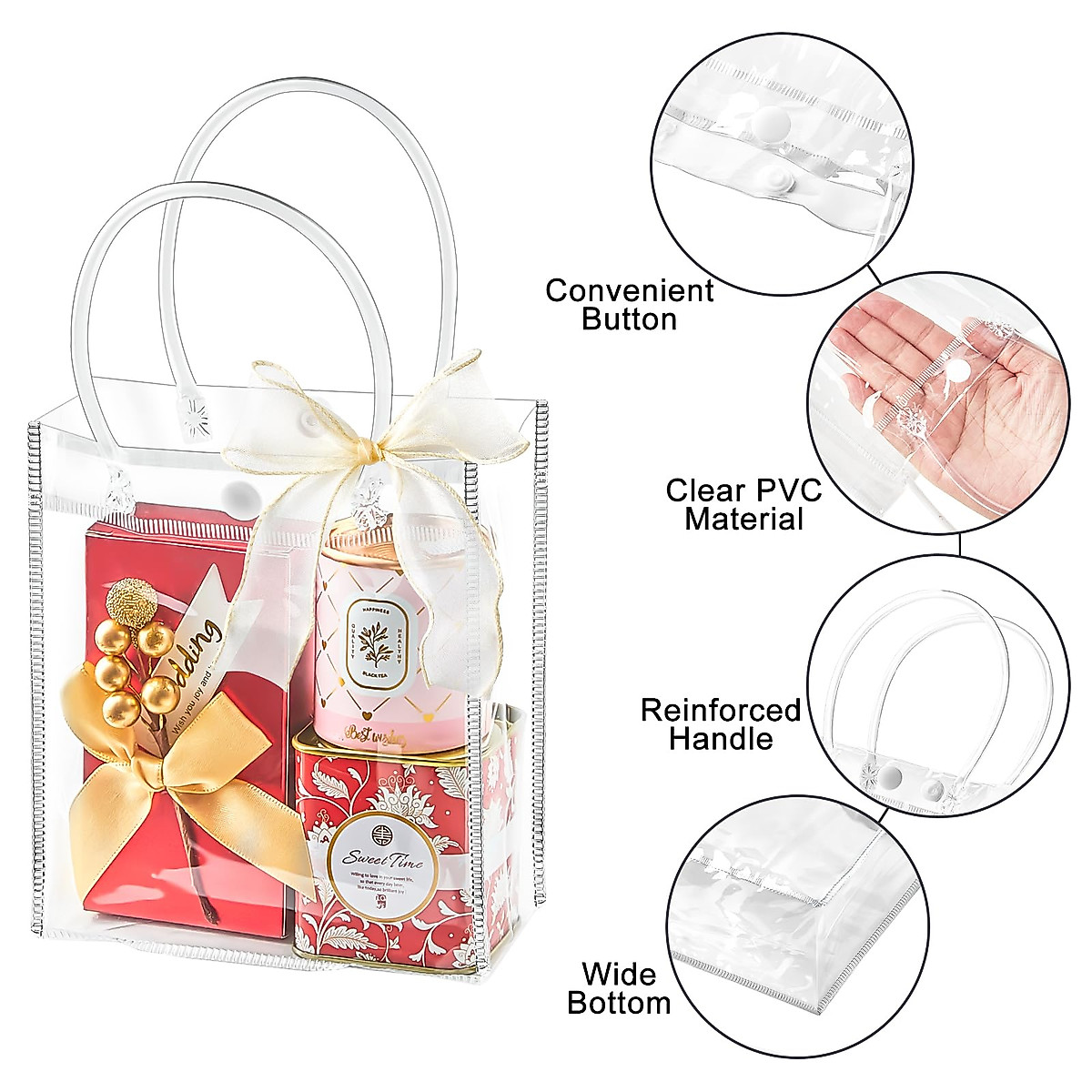 CLUEWR 50 Pack Clear Gift Bags with Handles, Reusable PVC Plastic Bags with Ribbons Transparent Party Favor Bags Gift Wrap Bags, 5.9 x 4.92 x 2.75 Inches