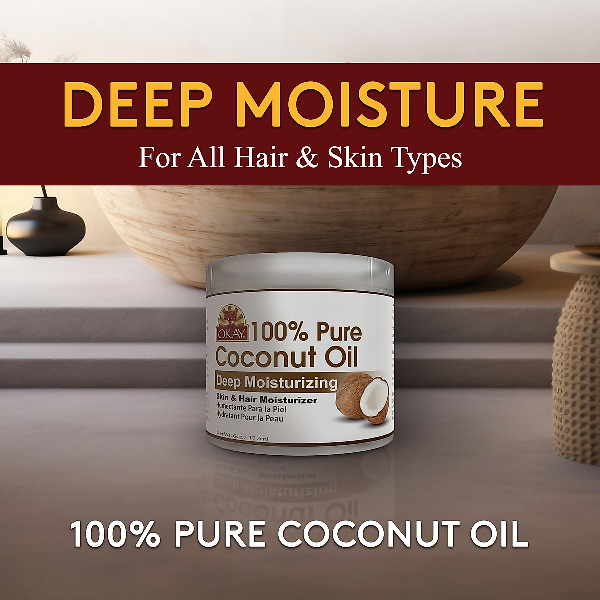 OKAY 100% Pure Coconut Oil for Hair & Skin - Coconut Oil for Women & Men, Perfect for Body & Face, Natural Massage Oil & Moisturizer - 6 Fl Oz Jar (Pack of 1)