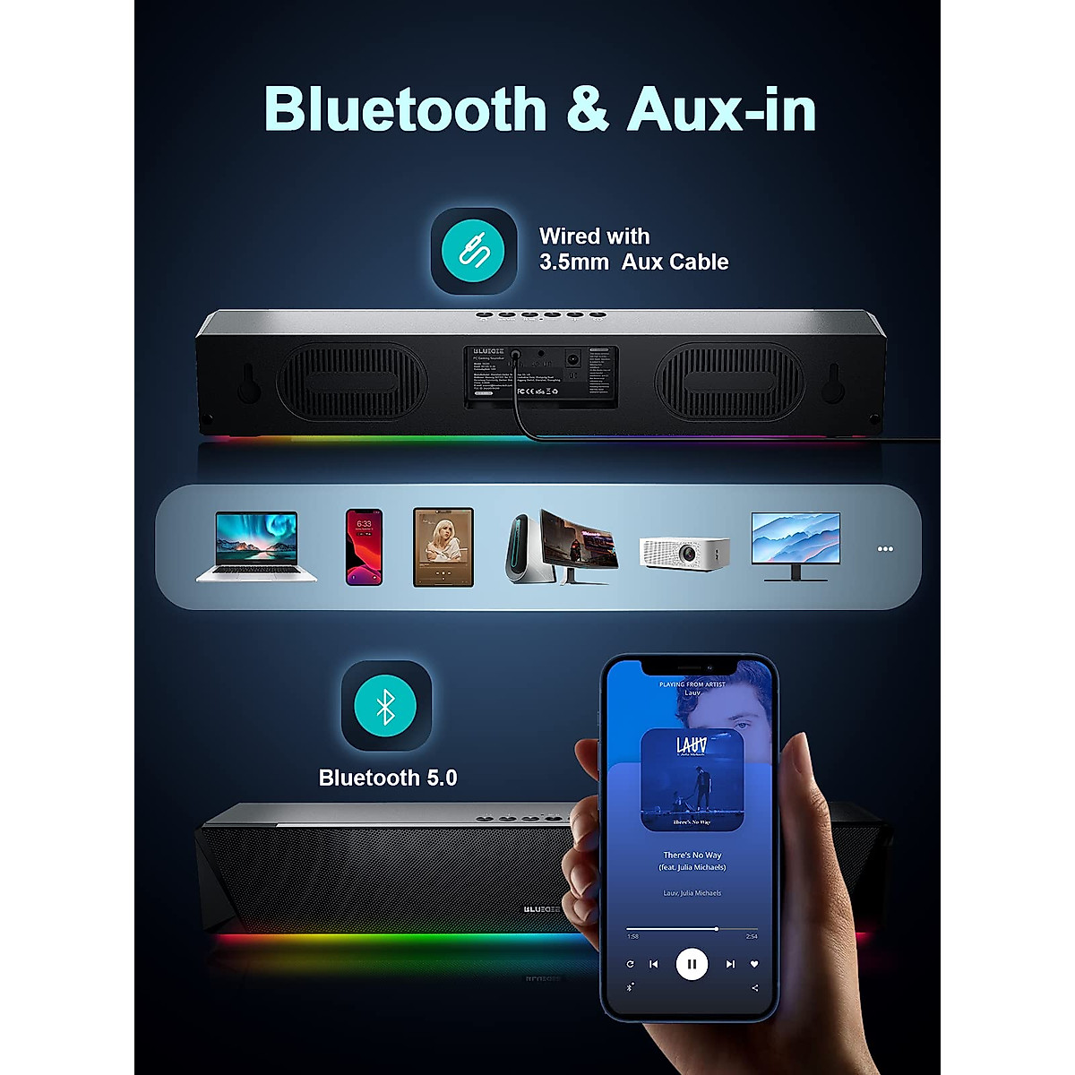 Computer Speakers, 24W Bluetooth Computer Soundbar, 3.5mm Aux-in Computer Speakers for Desktop Monitor, Computer Sound Bar with Deep Impactful Bass, Gaming Speakers for PC Powered by AC Adapter