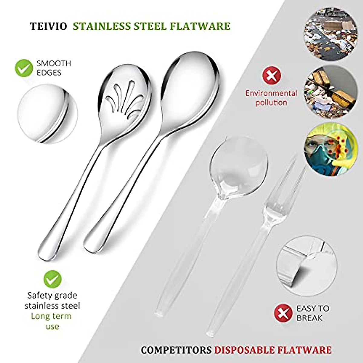 Stainless Steel Metal Serving Utensils - Large Serving sets-10" Spoons, 10" Slotted Spoons and 9" Tongs by Teivio (Silver, Set of 12)