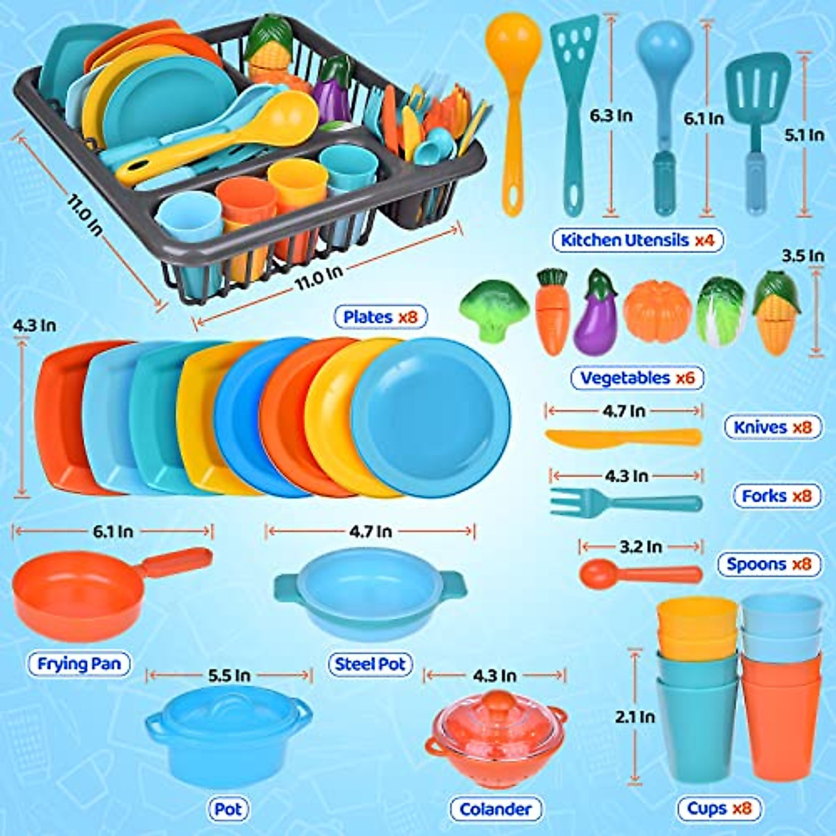 Play Dishes for Kids Kitchen, 54PCS Food Toys Play Food for Kids Kitchen Including Play Dishes Pots, Pans & Pretend Food Pretend Toys for Toddles