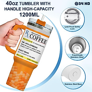 34HD Rx Prescription Tumbler with Handle and Straw, 40oz Prescription Coffee Cup, Coffee Lovers Gifts, Funny Medical Gifts for Phamarcists, Nurses, Doctors, Hospital Workers