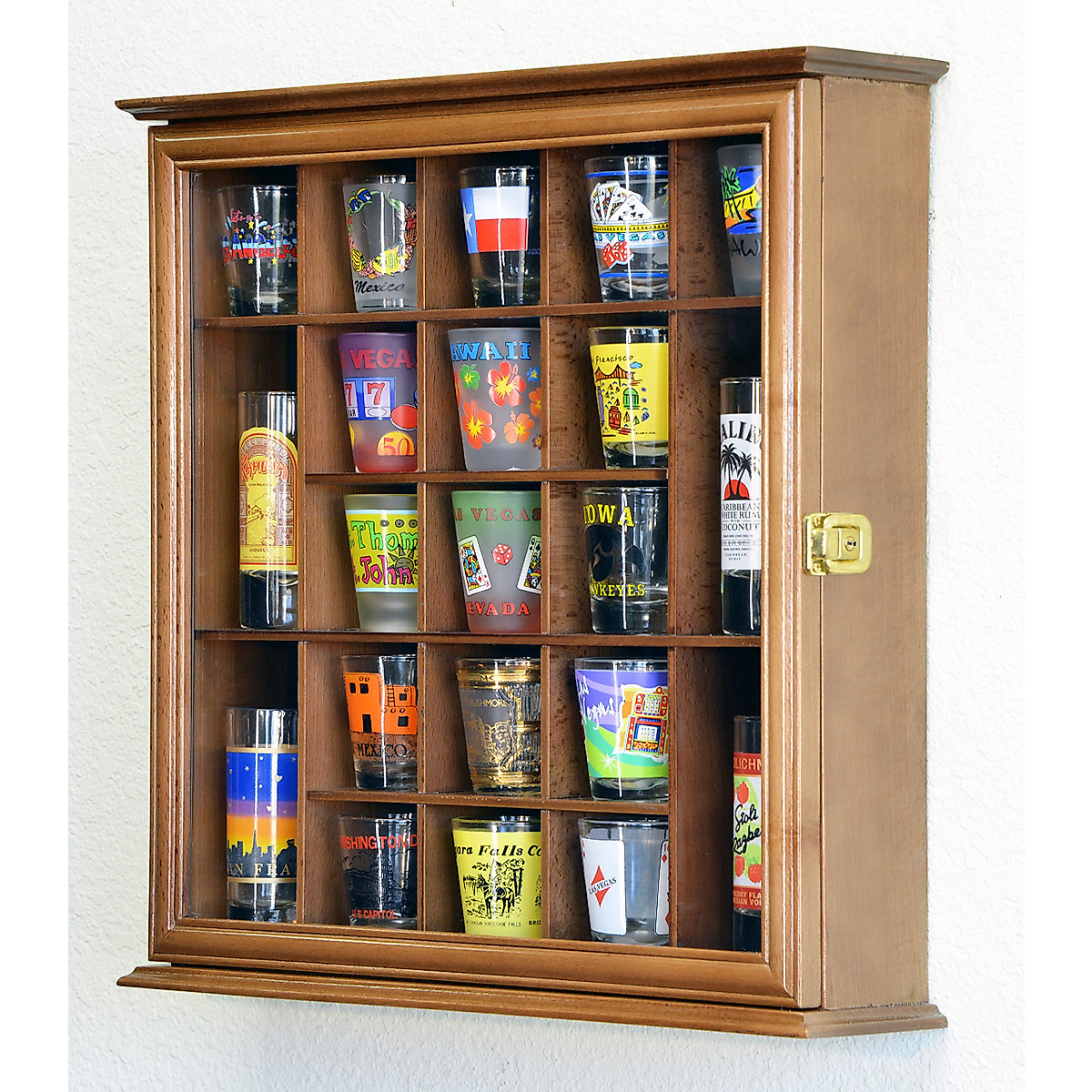 21 Shot Glass Shotglass Shooter Display Case Holder Cabinet Wall Rack 98% UV Lockable -Walnut