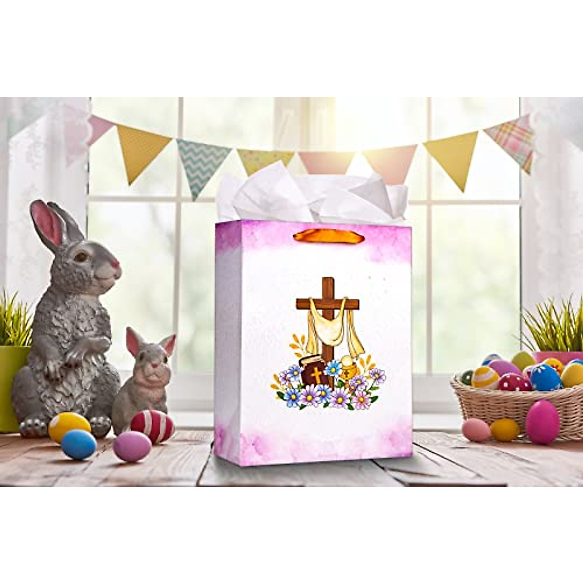 SICOHOME Easter Gift Bag with Handle 13" Religious Gift Bag with Tissue Paper and Greeting Card Baptism Gifts Bag Gift Wrapping Bags for Party Favor Bags for Easter Christenings Baptism First Communions Confirmations or Religious Party