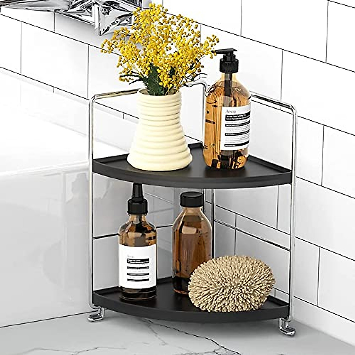 Kitchen Spice Rack Standing Shelf, 2-Tier Corner Storage Shelf , Bathroom Countertop Organizer , Vanity Tray Cosmetic & Makeup Storage, Silver&Black