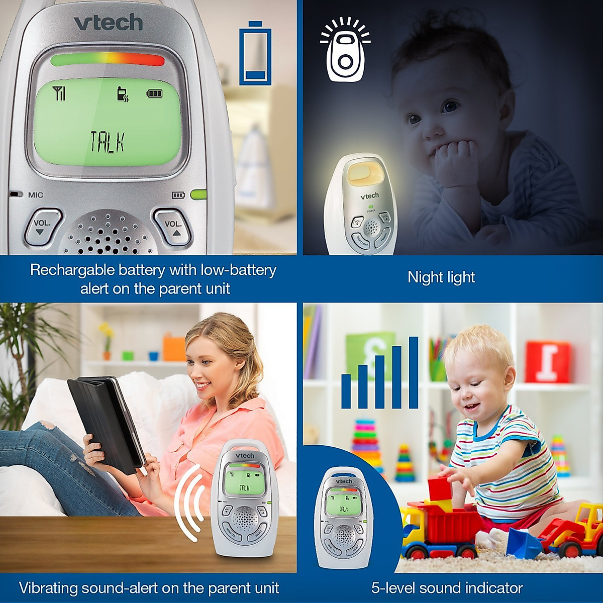 VTech DM223 Audio Baby Monitor with up to 1,000 ft of Range, Vibrating Sound-Alert, Talk-back Intercom, Digitized Transmission & Belt Clip (Renewed)
