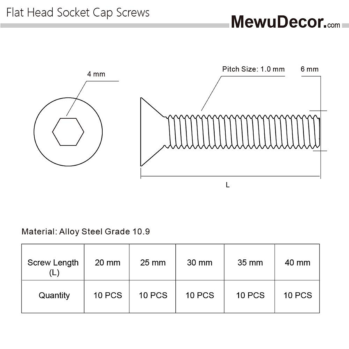 M6-1.0 x 20/25/30/35/40mm Flat Head Socket Cap Screws, Allen Socket Drive, Alloy Steel Grade 10.9, Black Oxide, 50 PCS