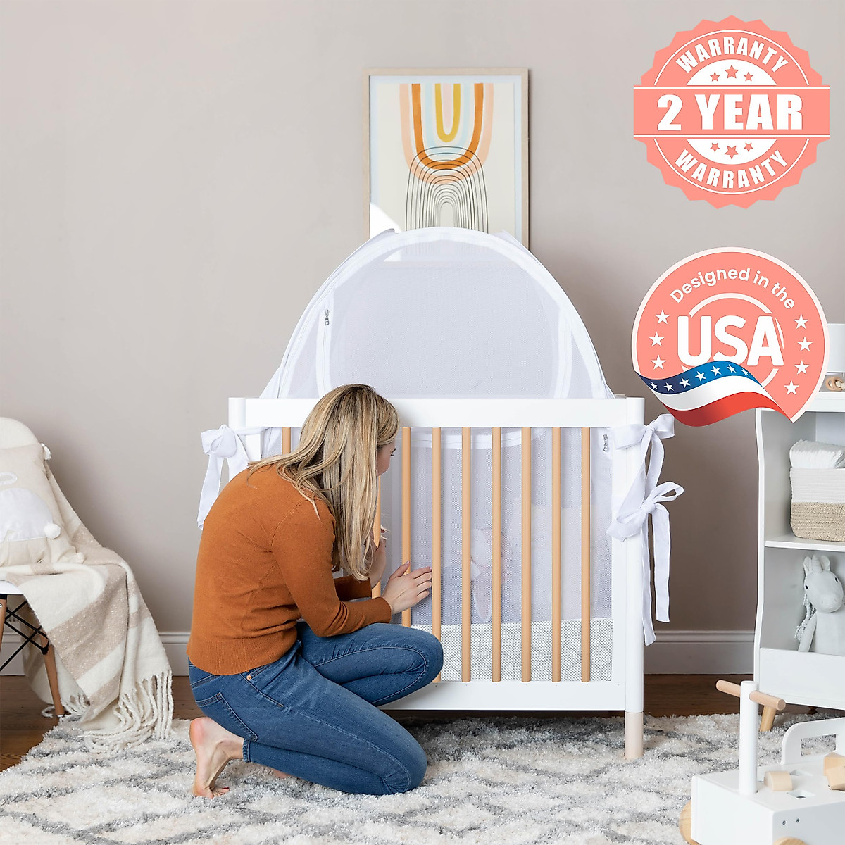 Pro Baby Safety Premium Pack n Play Tent, Mini Crib Tent to Keep Baby from Climbing Out, Auto Pop Up Pack and Play Tent with Auto-Lock Zippers, Thick Velvety Breathable Mesh (Geometric Cubes)