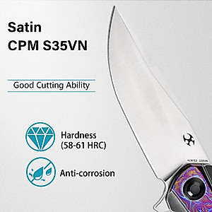 KANSEPT Accipiter Pocket Folding Knives EDC Camping Folding Knife 3.36'' Satin CPM S35VN Blade Pocket Folding Knife with Black Anodized Titanium + Timascus Handle Everyday Carry K1007E3