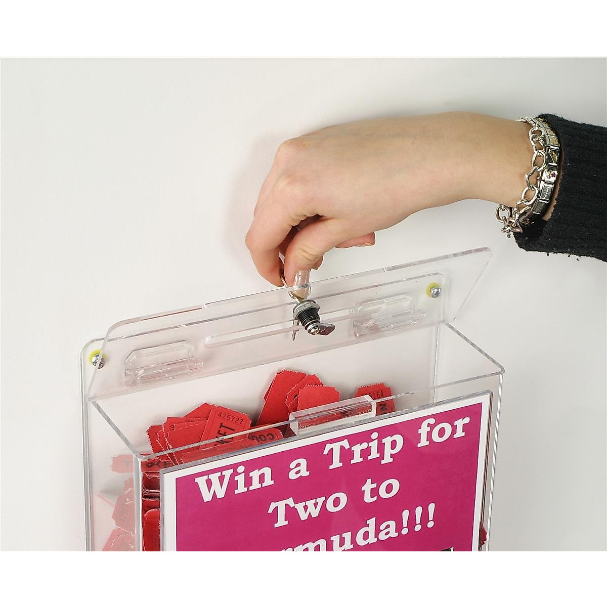 Displays2go Wall Mounted Suggestion, Clear Donation Box with Lock and Sign Holder (ICCBSBOX)