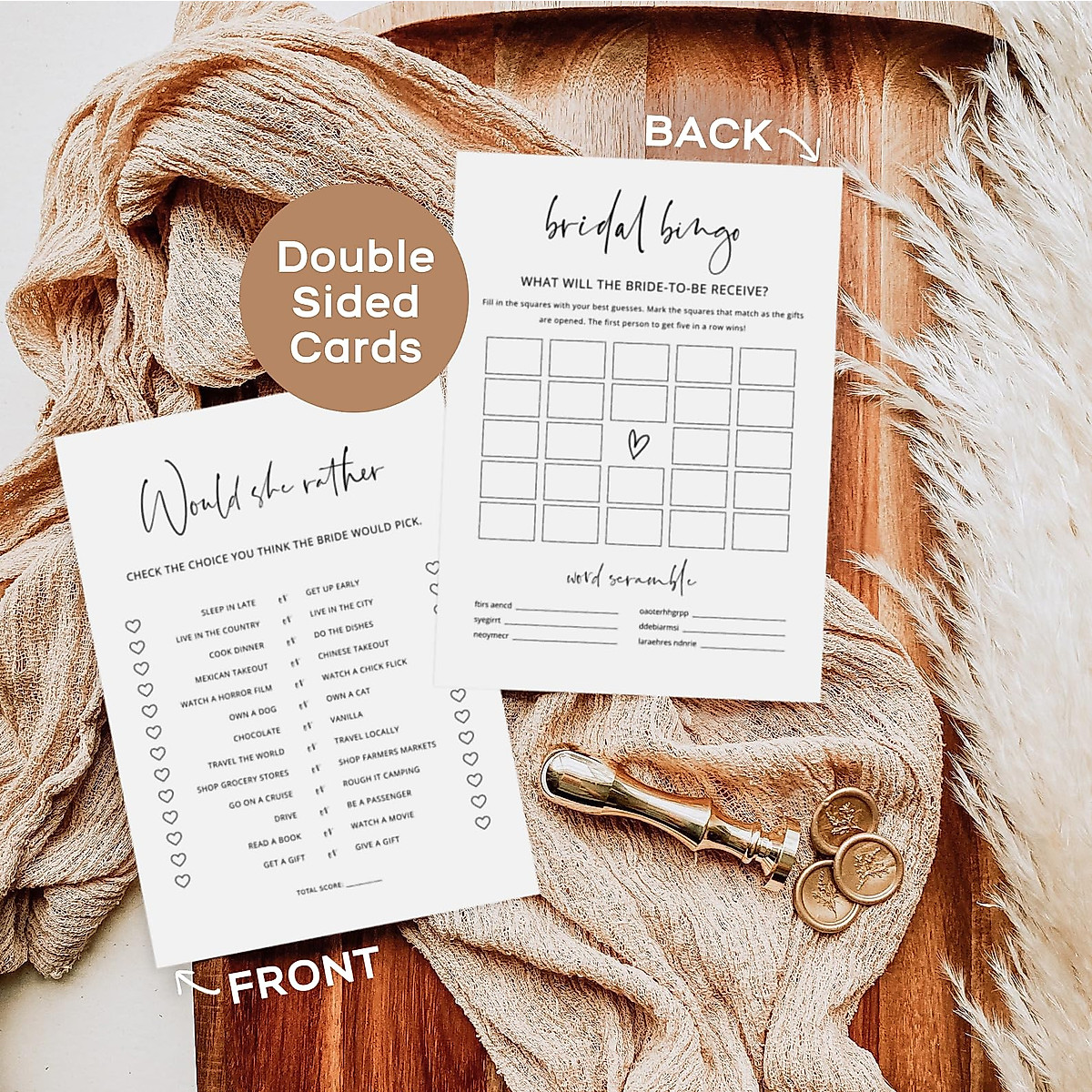 GardenCity Bridal Shower Games For 50 Guests, 4 Games + Advice and Wishes - Double Sided Cards - Minimalist