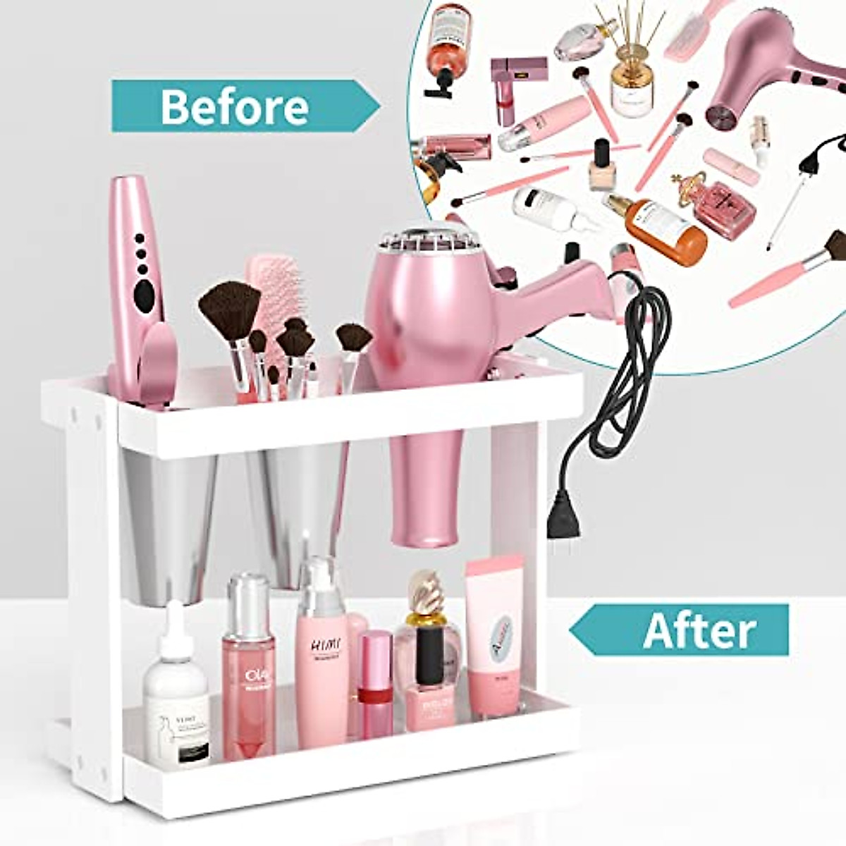 HIIMIEI Hair Tool Organizer, White Acrylic Blow Dryer and Curling Iron Holder, 2 Tier Bathroom Counter Storage, Vanity hairdryer Stand for Lotion Makeup Cosmetics Perfume Makeup Toiletries