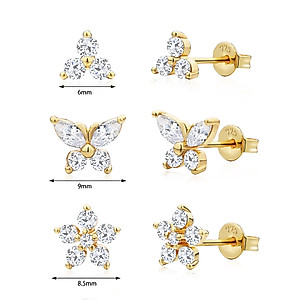 CHESKY Cubic Zirconia Gold Stud Earrings, Hypoallergenic Earrings Set for Women 14K Gold Plated Small CZ Studs Multipack Cartilage Earrings Women for Piercing 3 Pairs