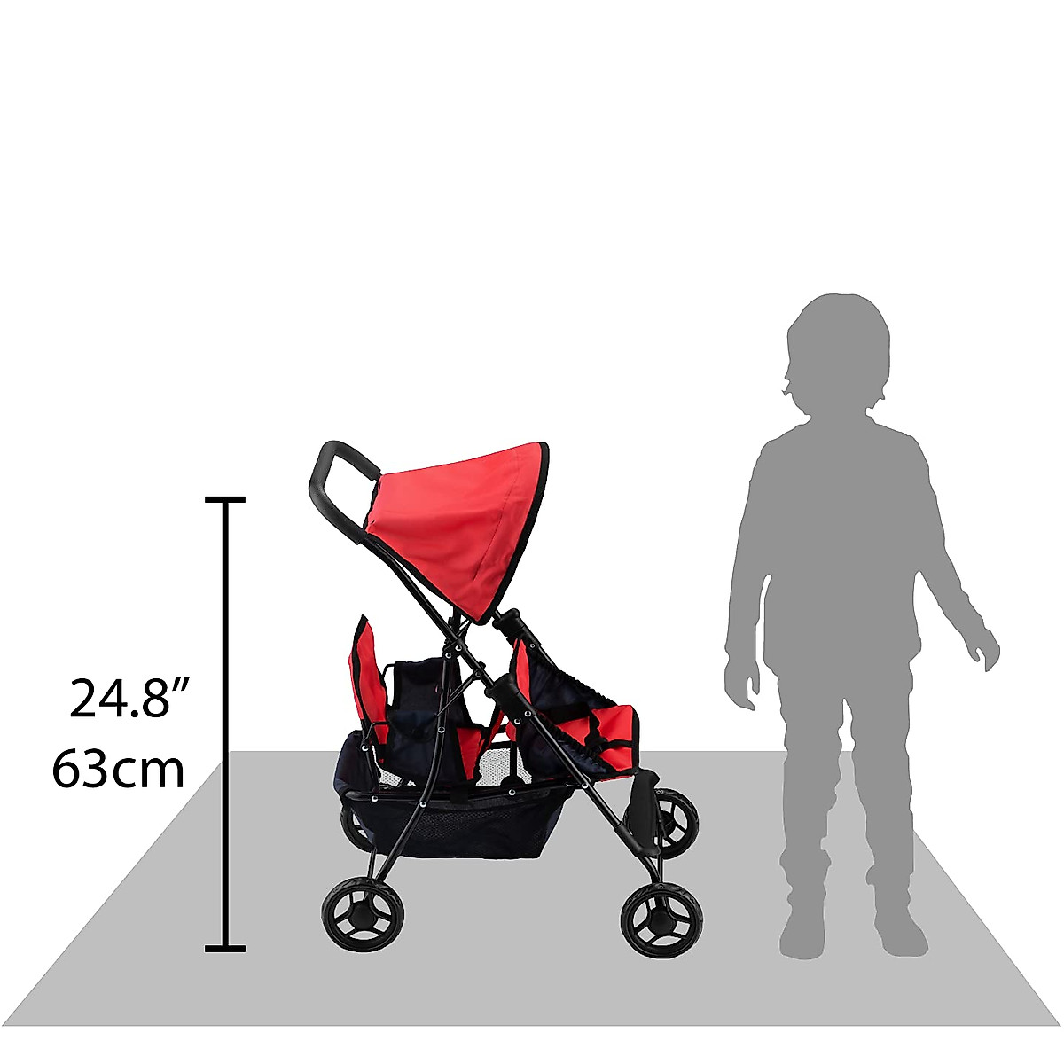 Hushlily® Tandem Double Doll Stroller with Adjustable Canopy & Basket, Foldable, with Smooth Rolling Wheels (Red & Blue)