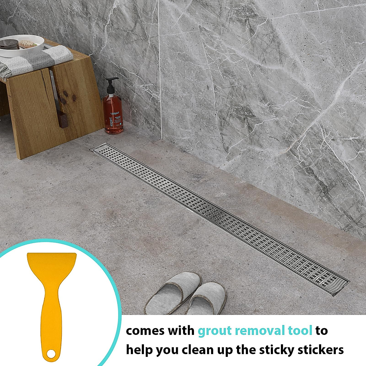 Qeke Disposable Hair Catcher Shower Drain Mesh Stickers, DIY Shower Drain Cover Hair Catcher for Any Length, 32.8 Foot Hair Stopper for Linear Shower Drain with Removal Tool, 2.75 Inch Width