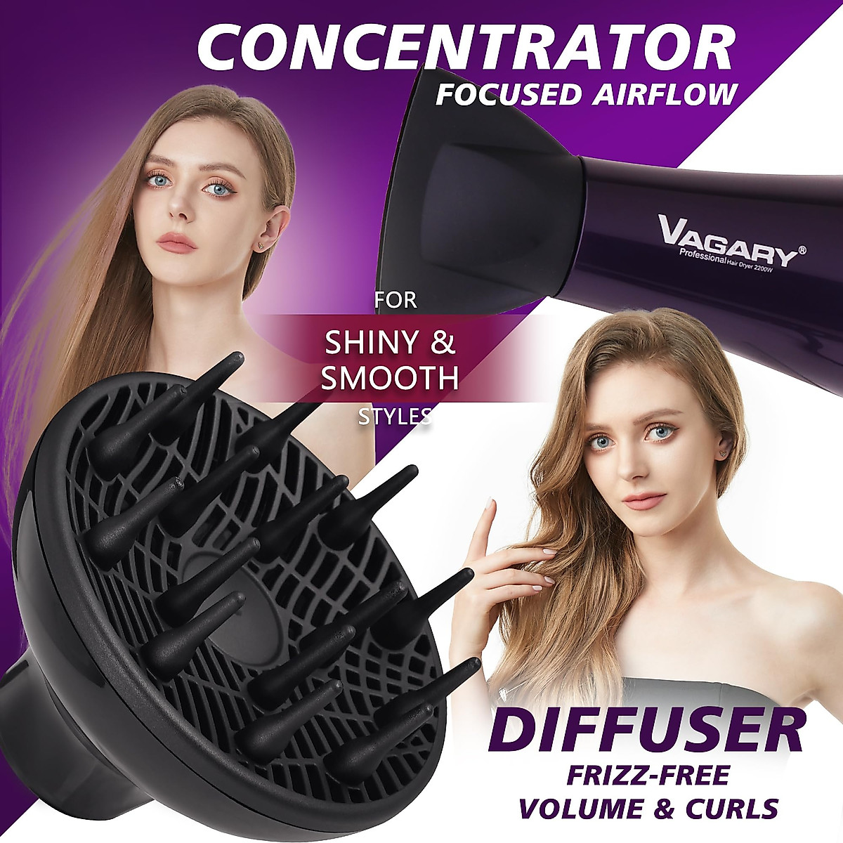 VAGARY 6690A Salon Pro Hair Dryer for Women,2200w Powerful AC Motor Fast Drying, Ionic Blow Dryer for Thick Hair,2 Speeds and 2 Heat Settings 1 Cool Shot Button(1 Diffuser and 1Concentrator)