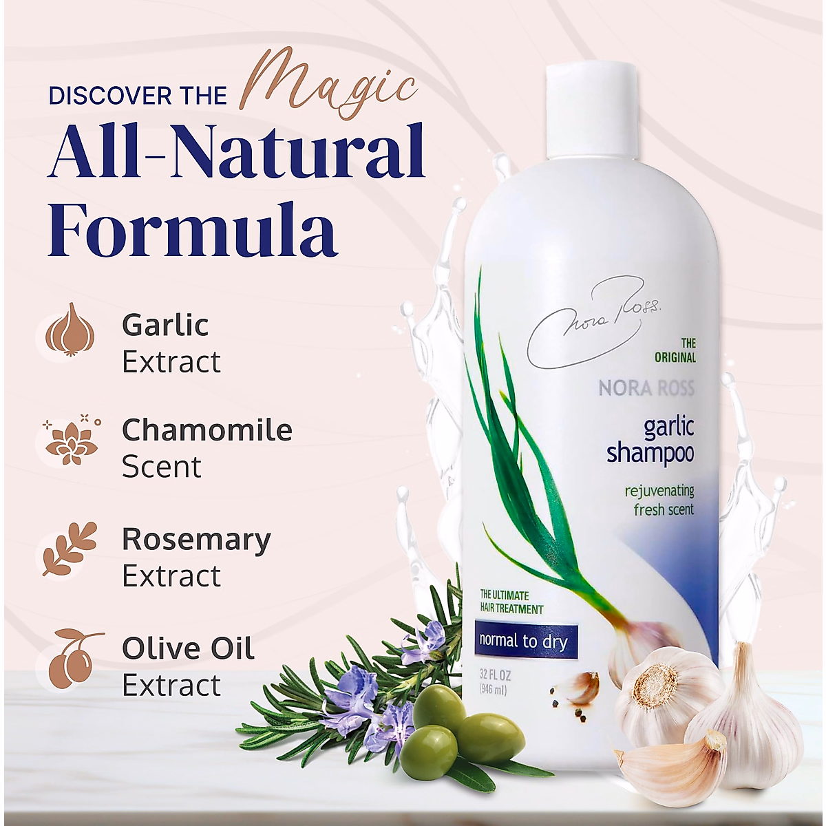 Nora Ross Classic Garlic Shampoo - Hair Loss, Growth & Thickening Formula for Normal to Dry Scalp, Cleansing & Anti-Dandruff with Rosemary 32 Oz