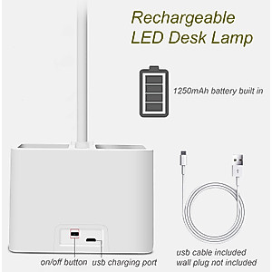 LED Desk Lamp with Pen & Phone holder, USB Rechargeable Book Reading Light,Eye-Caring Study Lamp for Kids, Touch Table Lamp with Flexible Gooseneck for Home,Office,3 Color Modes & Stepless Dimming