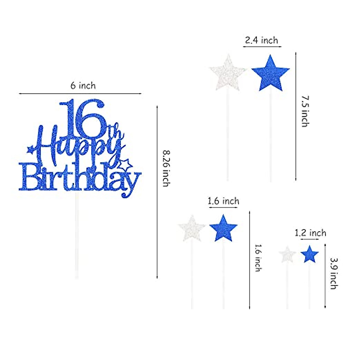 Pargleev Glittery 16th Cake Topper with Star Boys and Girls 16th Birthday Party Supplies, Sixteen Years Old Birthday Party Decorations Royal Blue