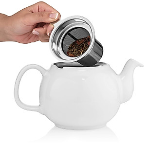 SAKI Large Porcelain Teapot, 48 Ounce Tea Pot with Infuser, Loose Leaf and Blooming Tea Pot - White