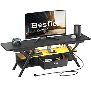 Bestier LED TV Stand with Power Outlets for 70/75/80 inch TV, Gaming Entertainment Center with Storage for PS5, 70 Inch Modern TV Cabinet with Drawers for Living Room, Bedroom, Carbon Fiber Black