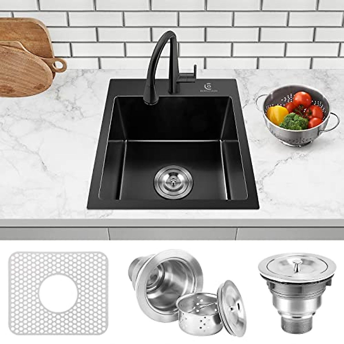 BURCHAIN 17 x 15 Inch Drop in Kitchen Sink Top mount Bar Sink 16 Gauge Stainless Steel Single Bowl Workstation with Sink Protector (Black)