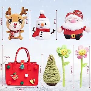 8 Pcs Christmas Plush Toy Set with Carrier Purse Bag -Snowman Santa Elk Christmas Tree Stuffed Animal Dolls Gifts for Kids,Two Plushie Flower and One Santa Hats for Complete Playset