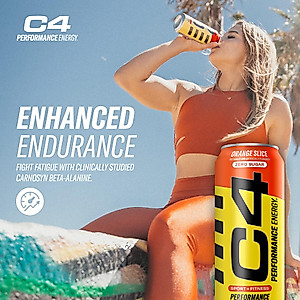 C4 Energy Carbonated Zero Sugar Energy Drink, Pre Workout Drink + Beta Alanine, Orange Slice, 16 Fl Oz (Pack of 12)