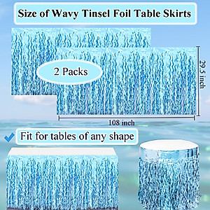 BUDICOOL 2 Pack Teal Blue Shiny Wavy Tinsel Foil Fringe Table Skirts Table Decorations for Mermaid Birthday Decorations,Under The Sea Party Decorations,Baby Shark Birthday Decorations