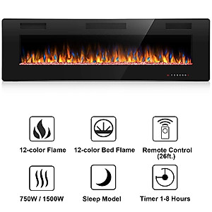 Joy Pebble 60 inch Electric Fireplace Inserts, in-Wall Recessed and Wall Mounted 750/1500W Fireplace Heater, Touch Screen, Remote Control with Timer, Adjustable Flame Color and Speed