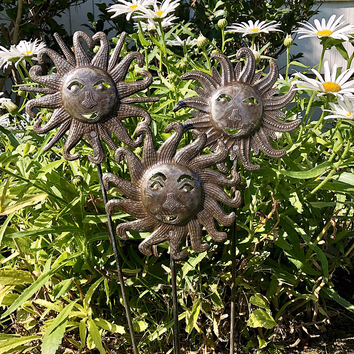 Small Metal Sun Faces, Sunny Home Décor, Wall Hanging, Authentic Upcycled Artwork from Haiti 6 Inches Round (Sun Faces)
