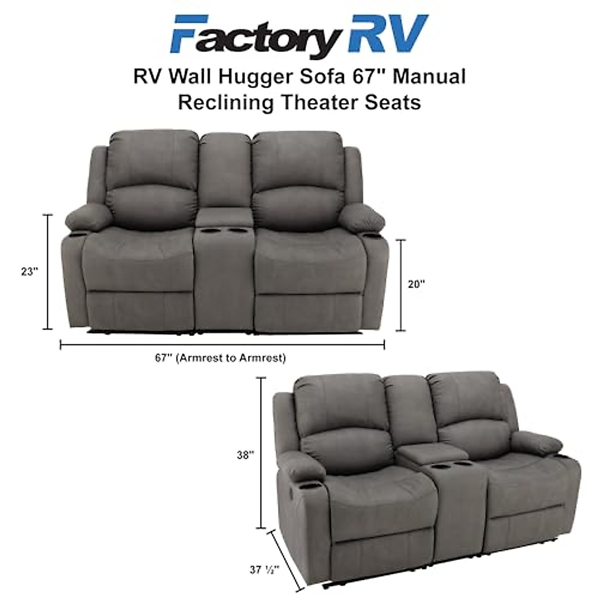 Camper Comfort 67" Wall Hugger Reclining | RV Theater Seats | Double Recliner RV Sofa & Console | RV Couch | RV Theater Seating | RV Furniture (Manual, Slate)