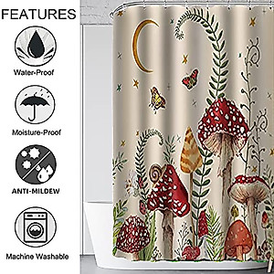 GUDAGUU 4 Piece Boho Mushroom Shower Curtain and Bath Mat Set,Butterfy Plant Moon Bohomian Bathroom Decor with Non Slip Rugs Mats Toilet Seat Cover Hooks Waterproof 71 Inch Long (Gray)