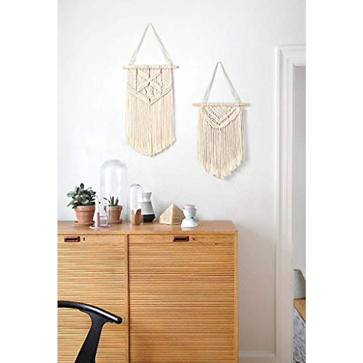 Mkono Macrame Wall Decor 4 Piece Set, 2 Pcs Macrame Wall Hanging Art Boho Wall Decor and 2 Pcs Hanging Shelves Wood Floating Storage Shelf for Bedroom Bathroom Living Room Nursery Dorm Room