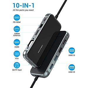 VENTION USB C Docking Station Dual Monitor - 10 in 1 USB C Hub Multiport Adapter with 4K HDMI VGA 100W PD 4 USB Ports Gigabit Ethernet SD/TF Card Reader for MacBook Pro Air Dell XPS HP