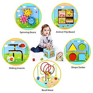 TOOKYLAND Activity Cube Wooden Toys Bead Maze Shape Sorter Learning Developmental Montessori Toys Small Size Gifts for Toddler Kids