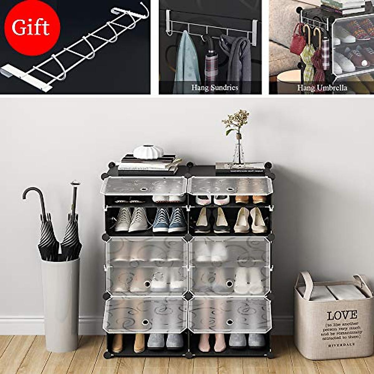 KOUSI Portable Shoe Rack Organizer 72 Pair Tower Shelf Storage Cabinet Stand Expandable for Heels, Boots, Slippers， Transparent Door