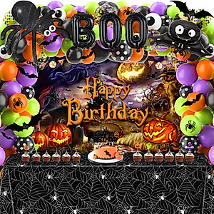 Halloween Birthday Decorations Party Supplies Halloween Themed Party Favors 105 Pcs for Kids Including Spider Web, Backdrop, Tablecloth, Cake Toppers, Spider Bat Wall Stickers, Balloons Arch and kit