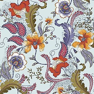 Texco Inc Floral Jacobean Pattern Poly Spandex Bubble Crepe Chiffon Minimal Stretch/Prints Woven Apparel DIY Fabric, Pale Blue Burnt Orange 5 Yards
